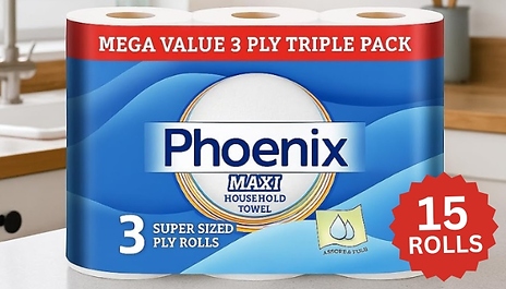 15 Rolls of Phoenix 3-Ply Super-Absorbent Kitchen Roll